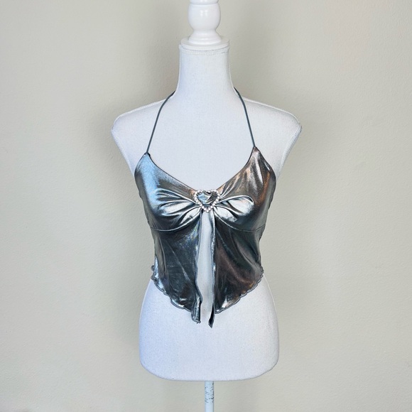 Dolls Kill | Tops | Silver Metallic Lettuce Hem Rhinestone Cutout ...